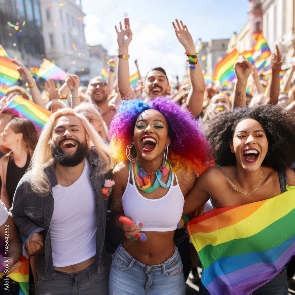 Stock image of a diverse group of people at an LGBTQ pride parade ...