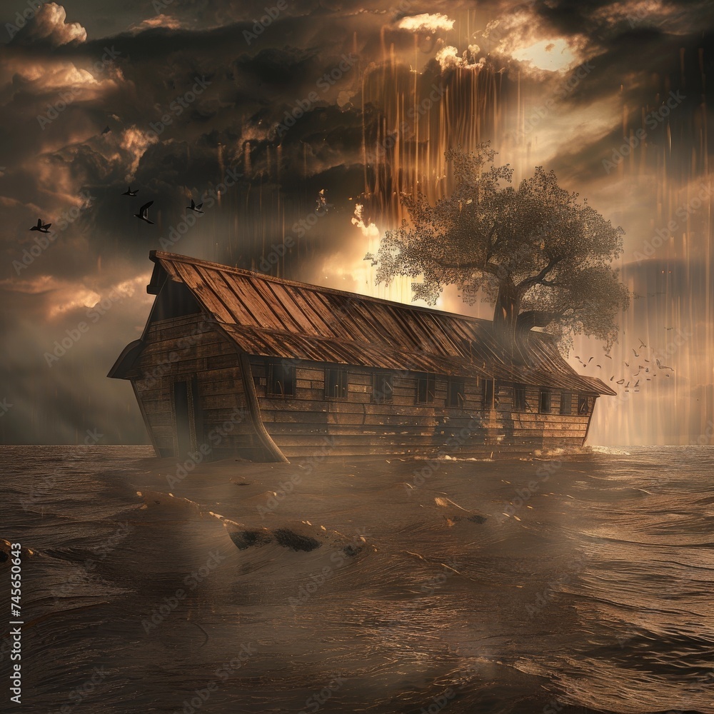 Vintage mysterious ark surrounded by floodwaters an ancient Bible ...