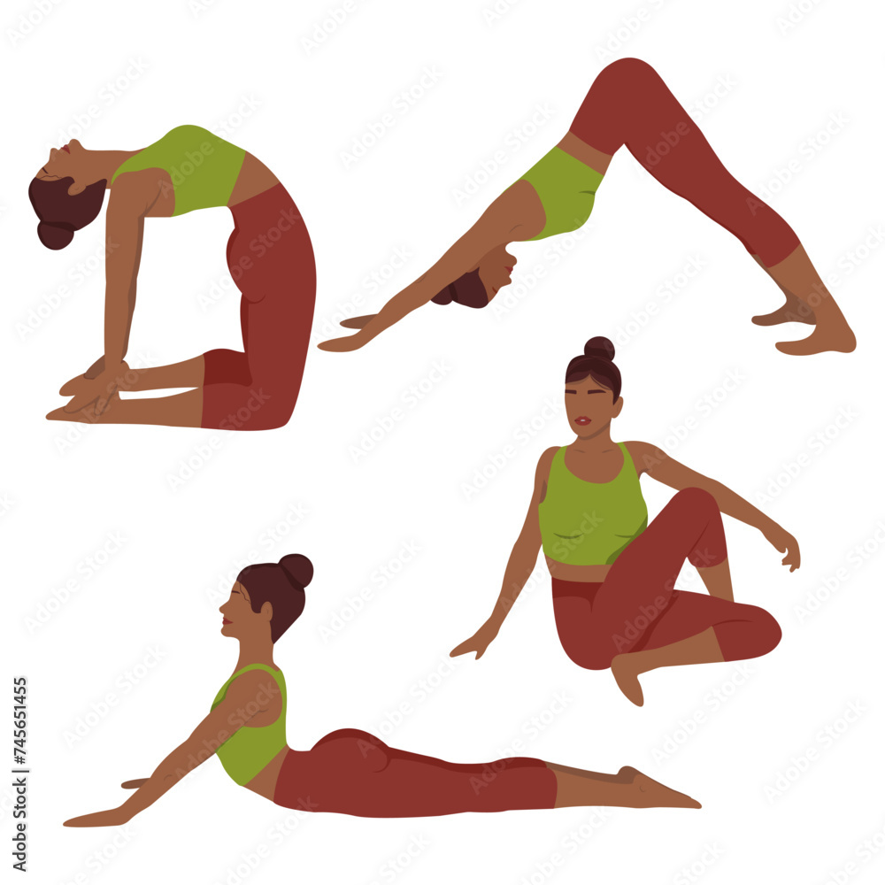 dark-skinned girl, yoga, asanas, cobra pose, fish lord pose, camel pose ...