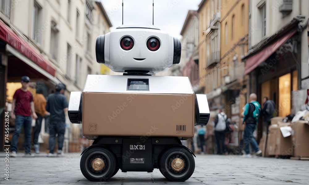 A robotic delivery bot stands confidently on a city walk, showcasing ...