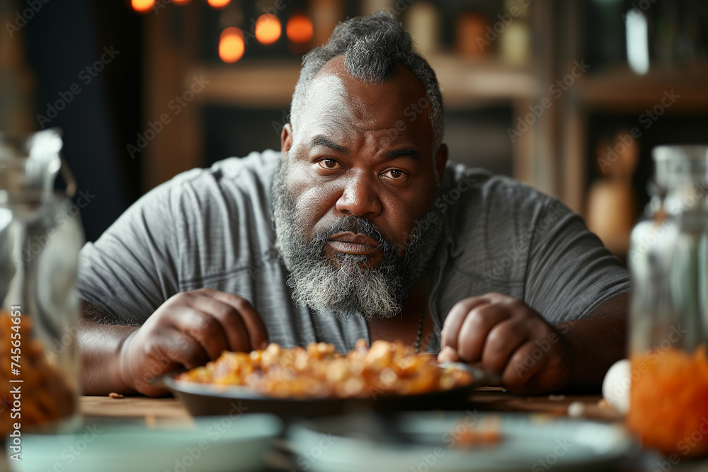 Adult obese overweight fat black man eating unhealthy fast food ...