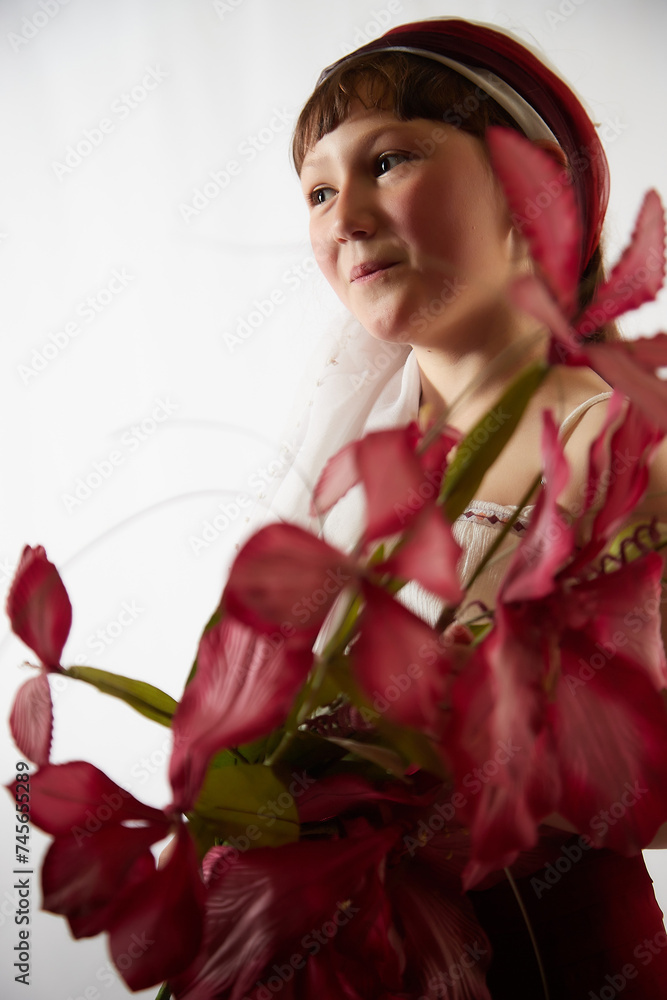 Portrait of Little girl in a stylized Tatar national costume with ...
