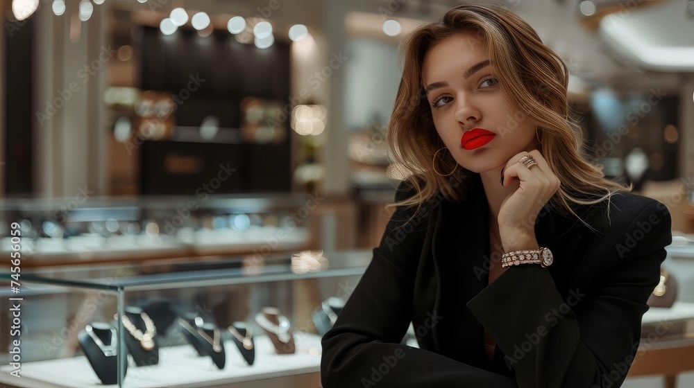 Elegant sucsessful business woman in black wear and red lips owner of ...