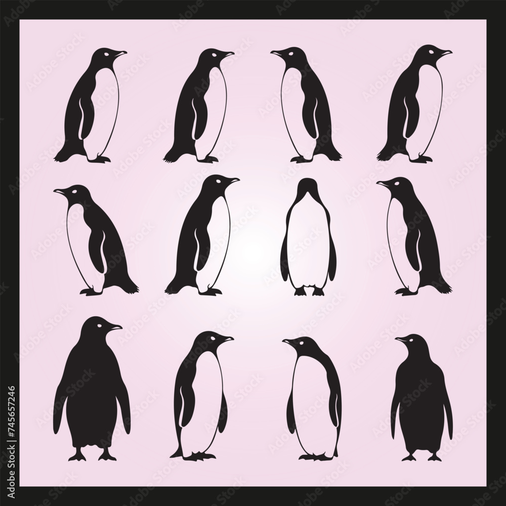 Penguin silhouette set Clipart on a hex color background Stock Vector ...