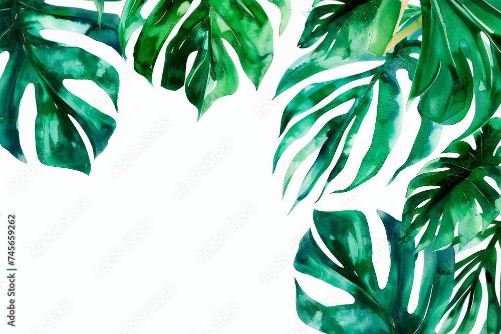 Watercolour montera palm leaves at white background background for ...