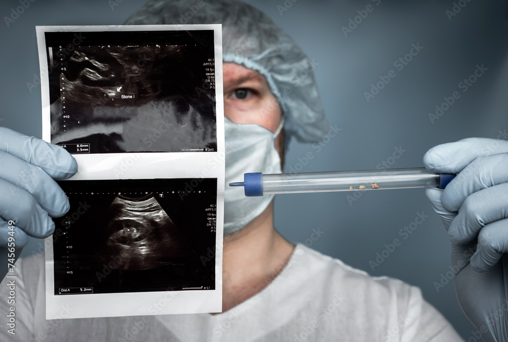 A calculus from a human kidney in a medical case, an ultrasound of the ...