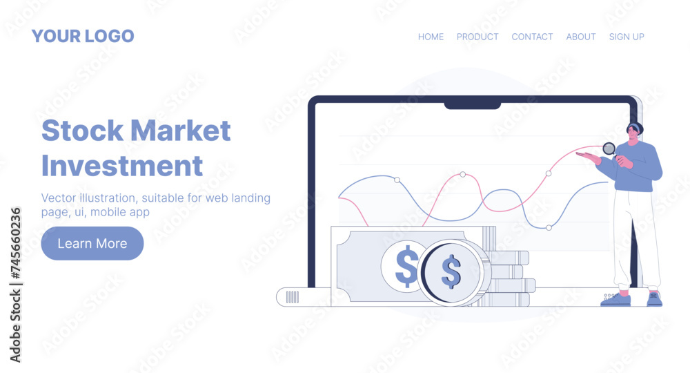 Stock Market Investment. Web Landing Page Design. Flat Cartoon Vector ...