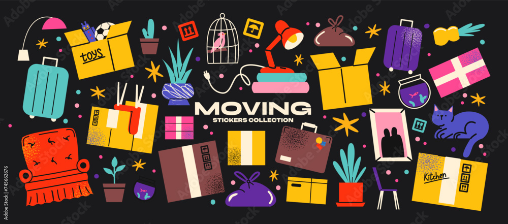 Moving stickers, cardboard boxes with things at home in cartoon retro ...