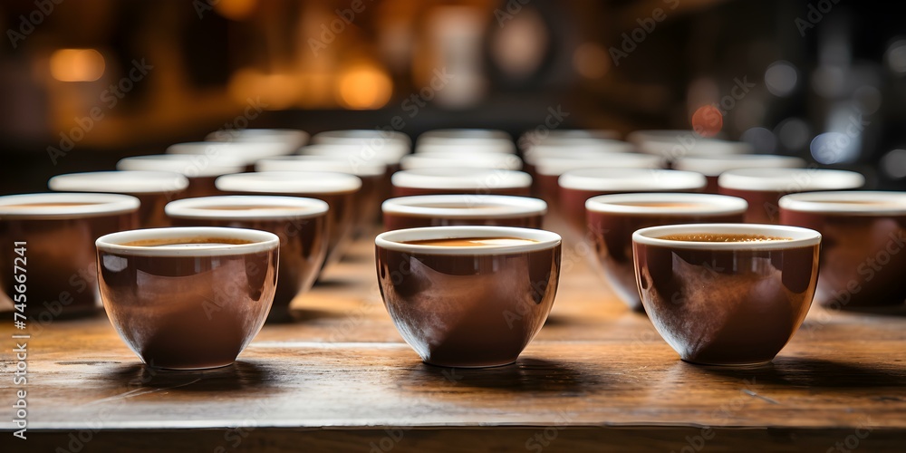 Row of espresso cups neatly arranged on cafe counter ready for service ...