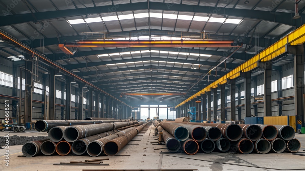 heavy industry manufacturing facility with large steel tubes and ...