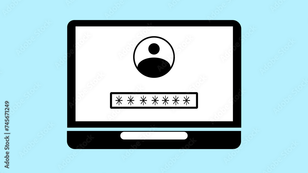 Laptop with a login screen user icon and password on a light blue ...
