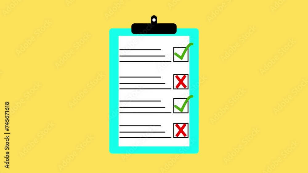 Clipboard with checklist tick mark and cross icon animated on a yellow ...