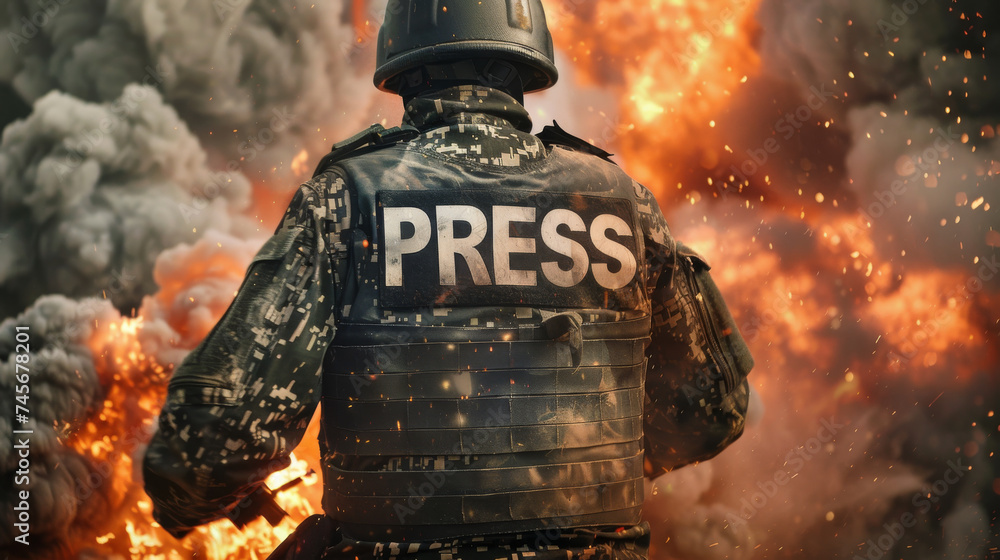 War reporter concept image with back of a reporter with written press ...
