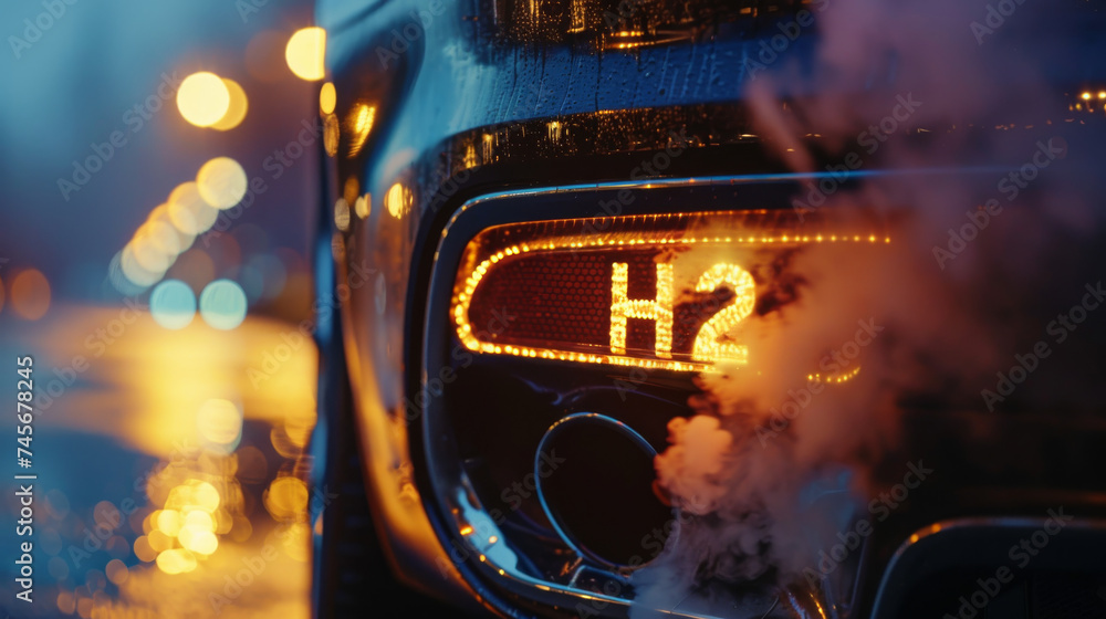 Hydrogen car concept image with back view of a car written H2 making ...