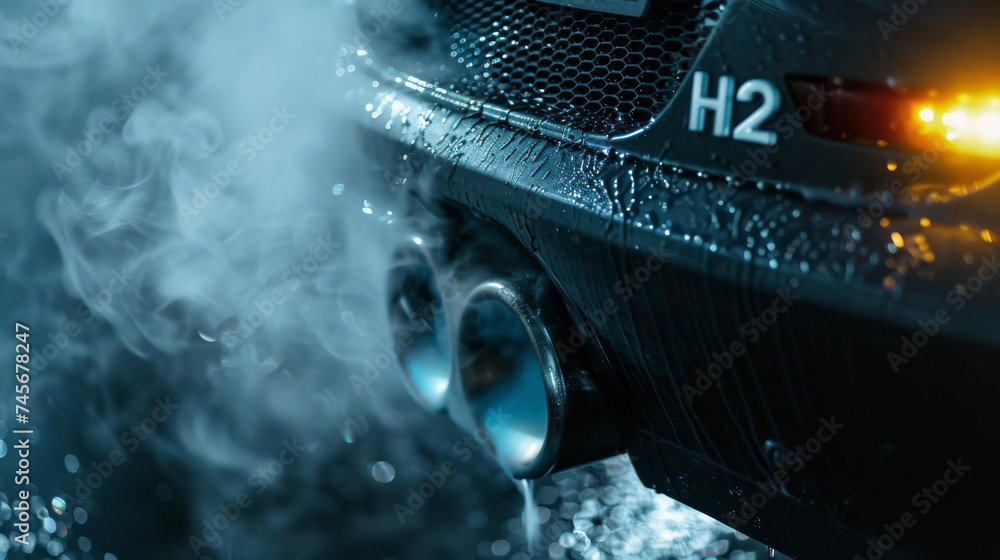Hydrogen car concept image with back view of a car written H2 making ...