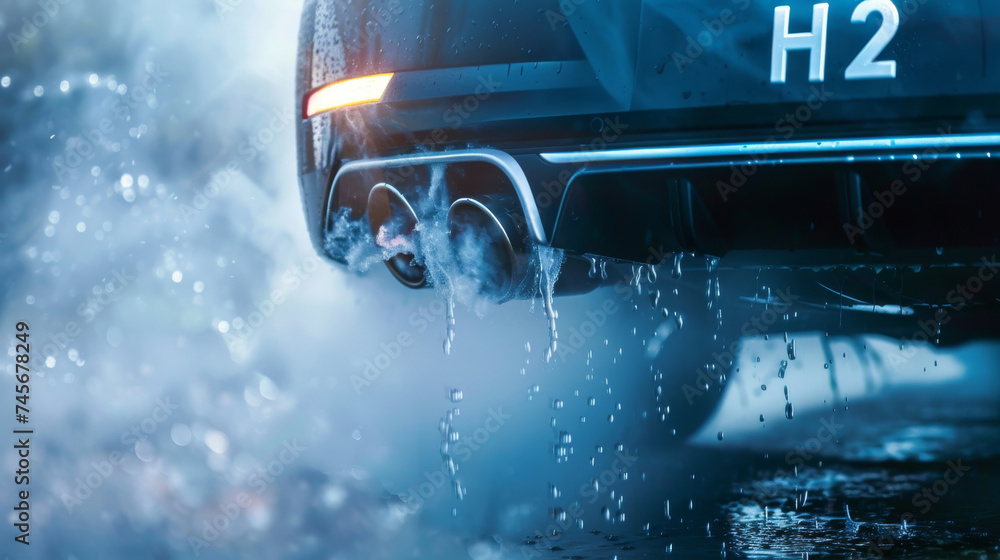 Hydrogen car concept image with back view of a car written H2 making ...