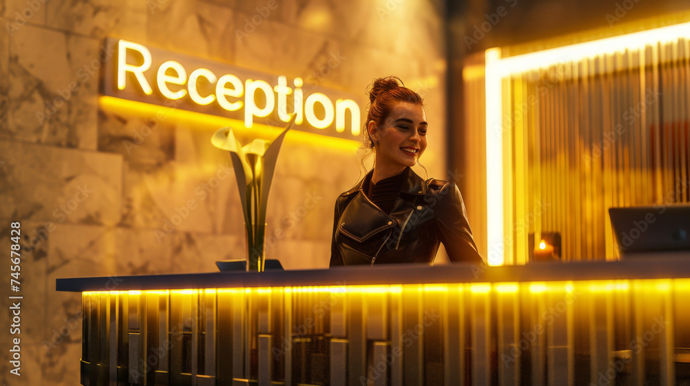 Luxury hotel reception desk with welcoming professional receptionist at ...