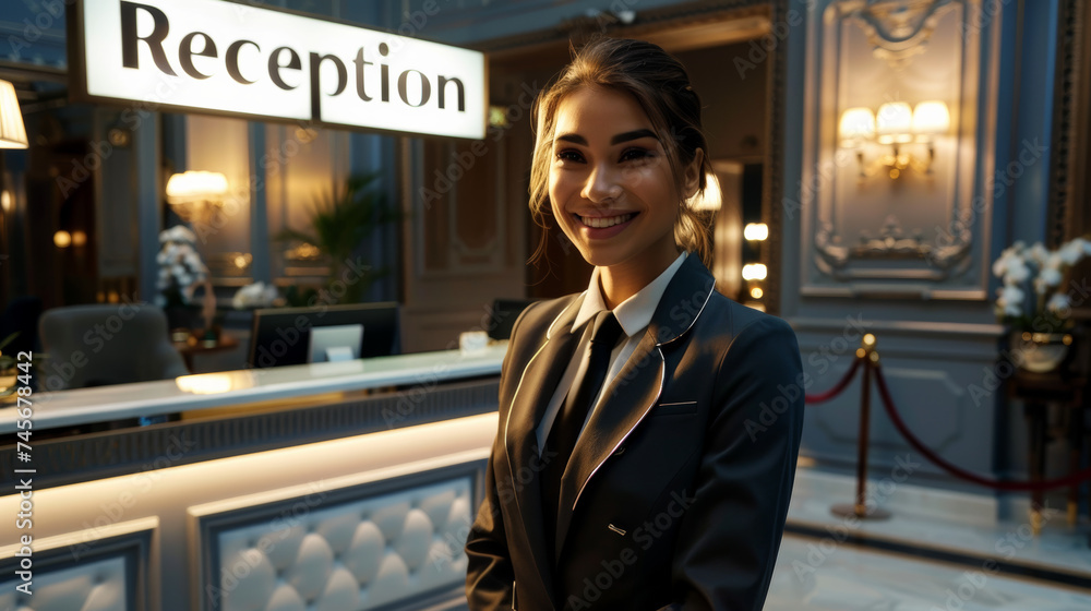 Luxury hotel reception desk with welcoming professional receptionist at ...