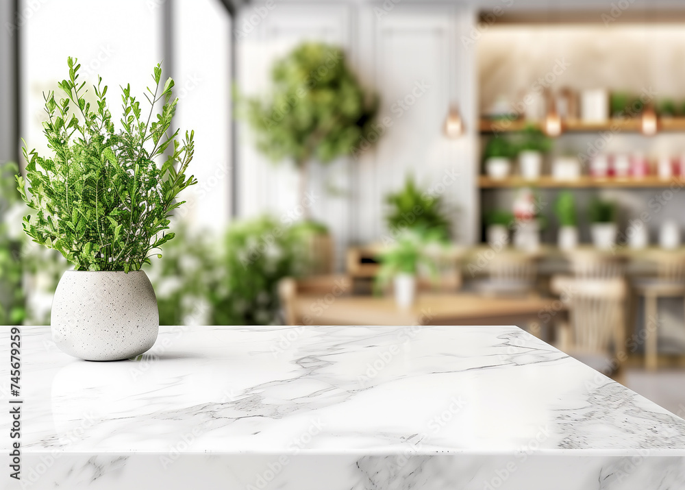 White marble texture table top on blurred kitchen. For product display ...
