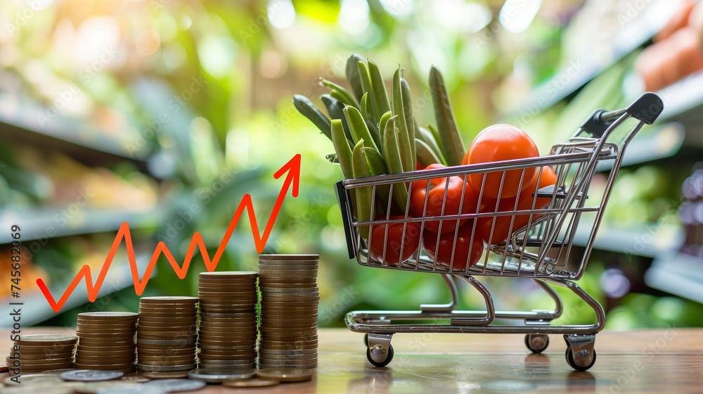 An image depicting the concept of rising food costs, with a shopping ...