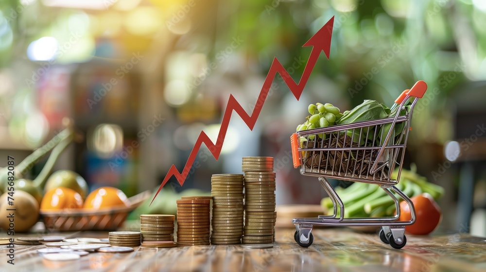 An image depicting the concept of rising food costs, with a shopping ...