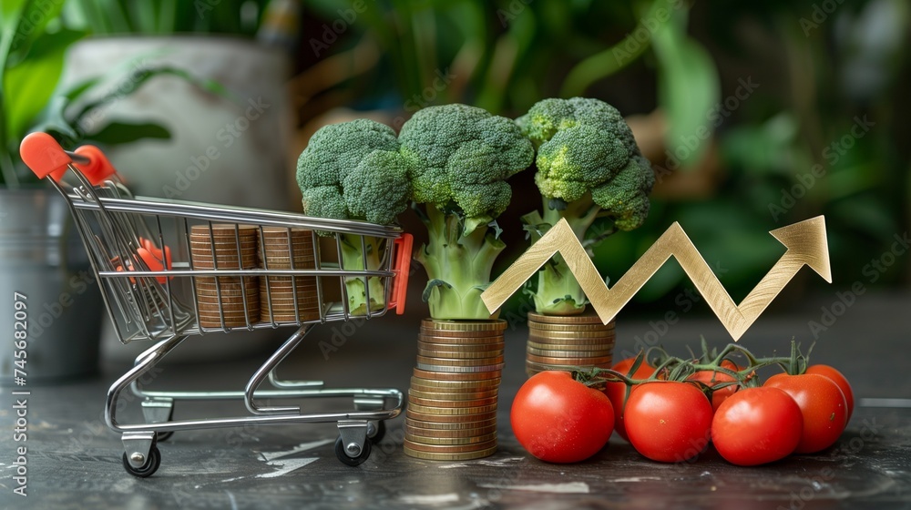 An image depicting the concept of rising food costs, with a shopping ...