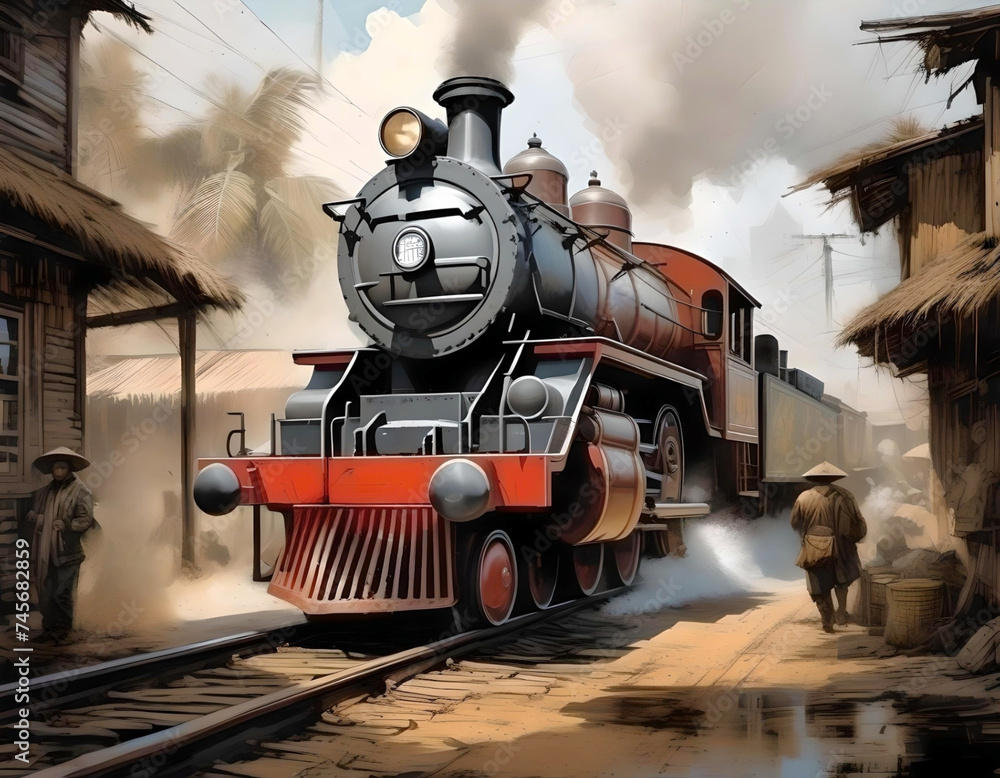 comic art drawing of a steam locomotive in a vintage Chinese village ...