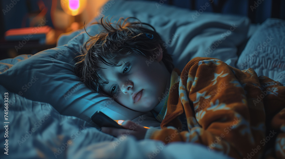 The child is lying in bed in the late hours, scrolling through social media, insomnia, addicted ...
