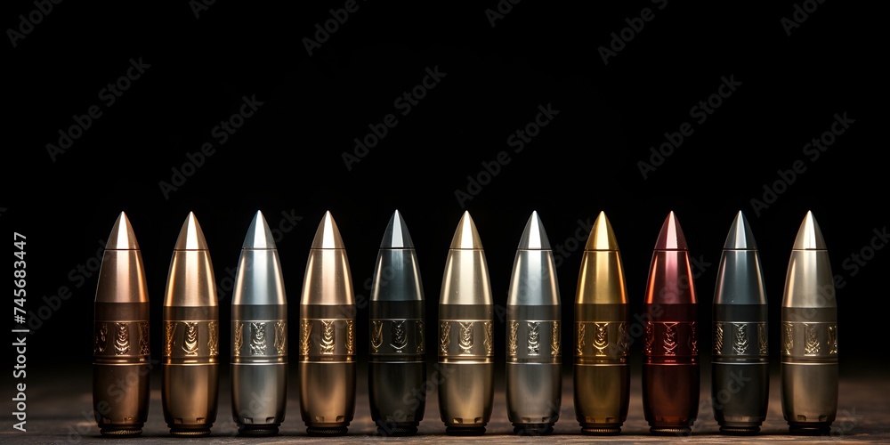 Assorted caliber bullets in a row ready for use or display. Concept ...