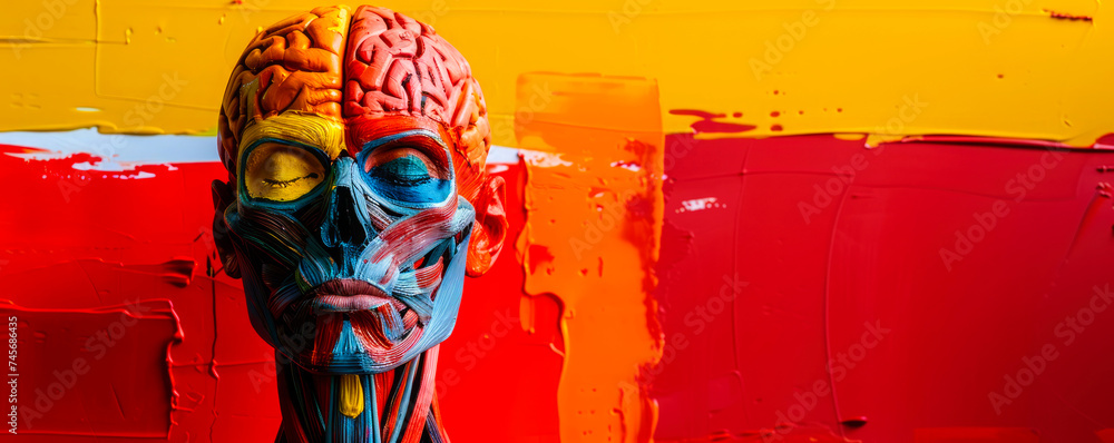 An anatomical bust model with exposed colorful musculature and brain ...