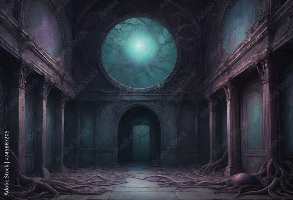 An ancient hall, enshrouded in shadows and roots, encircles a glowing ...