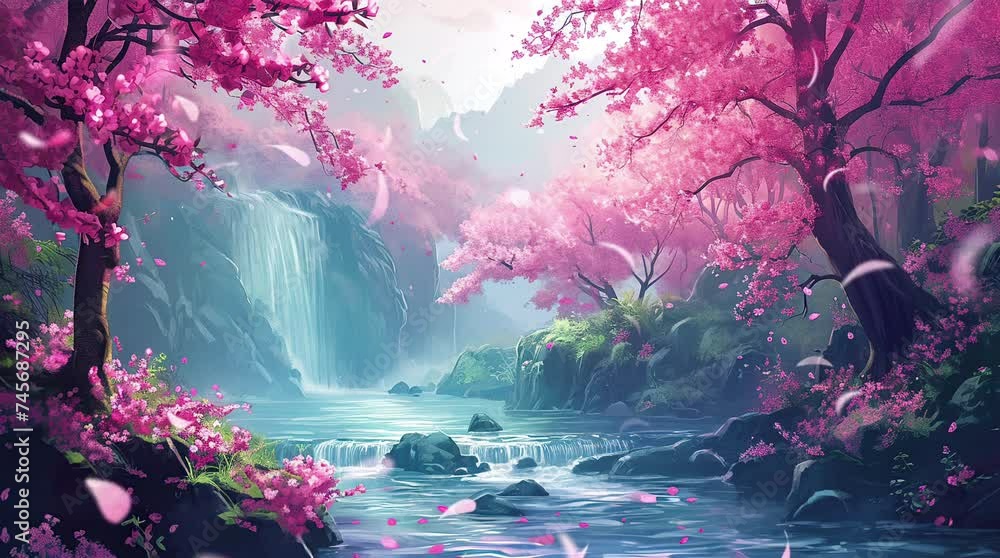 Sakura Cascade: Waterfall in the Misty Forest Seamless looping 4k time ...