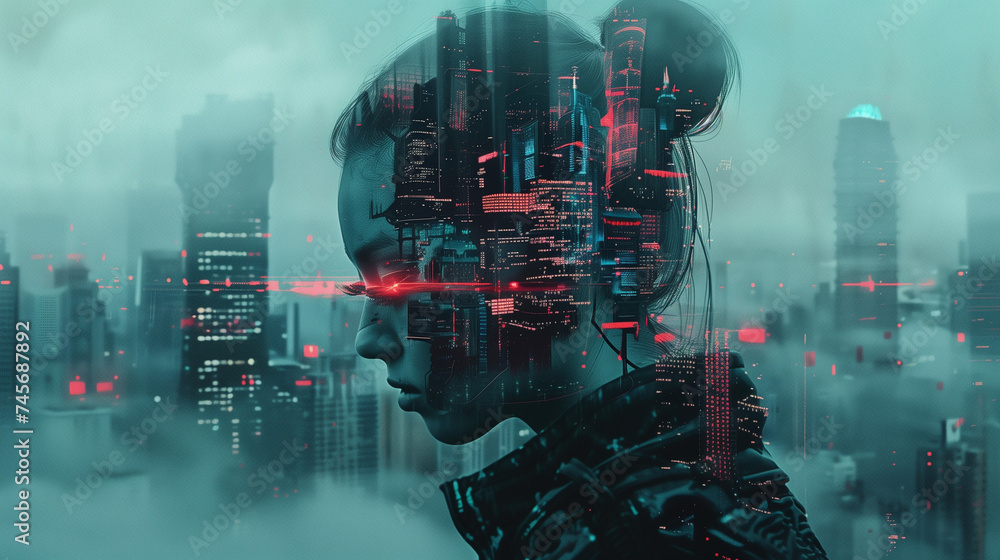 Female modern cyborg evil robot face with wiring and circuitry on her ...