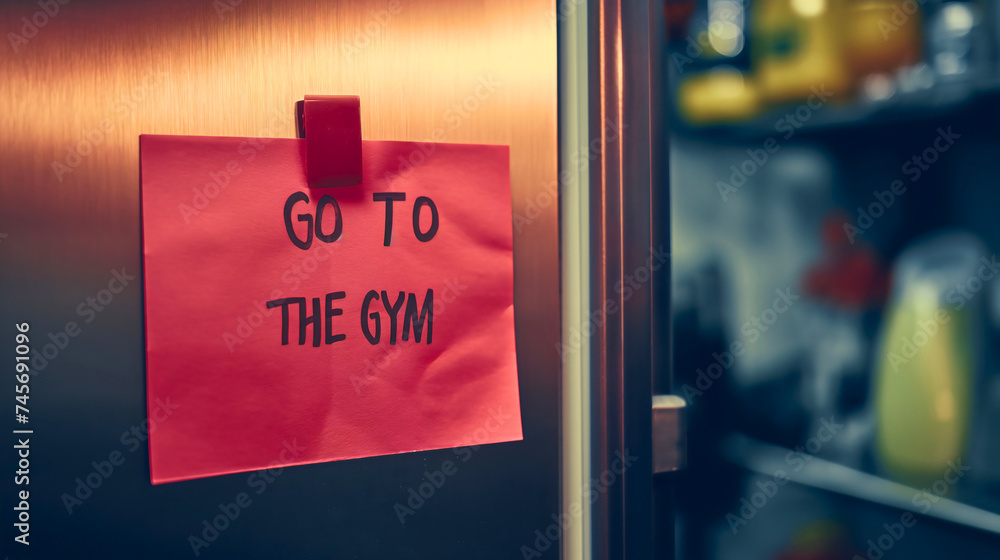 Red sticky paper note with funny gym quote or saying text, saying "Go ...