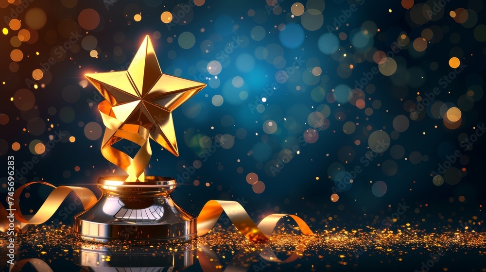 Photo & Art Print Trophy gold star on podium with ribbon elements and ...