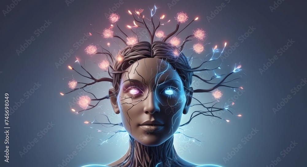 human brain tree model face with glowing pulses and cut electrical ...