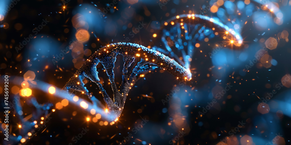 Luminous fantasy DNA spiral, in blue, gold hues, twisting against ...