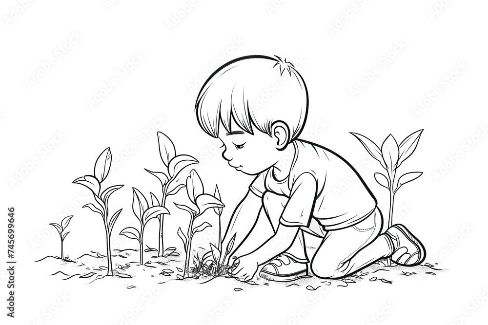 Pencil drawing, black outline on white background, little boy ...