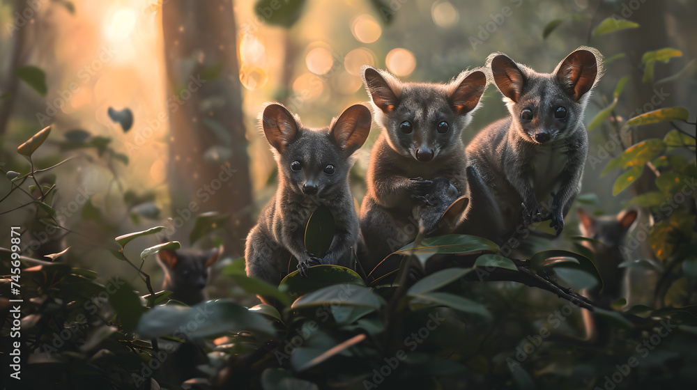 Possum family in the forest with setting sun shining. Group of wild ...