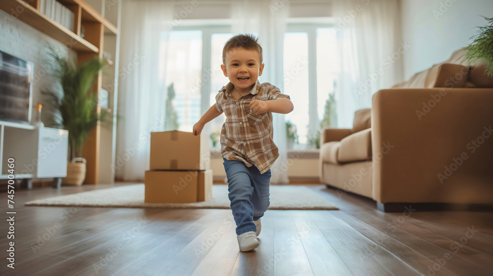 Young little boy joyfully running in his new house or home. Family ...