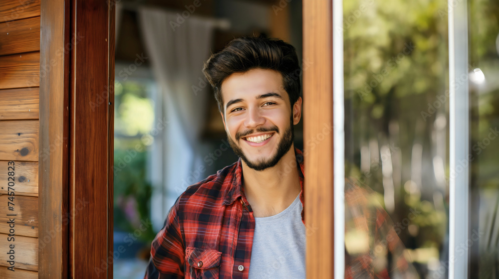 Portrait of a handsome young man opening a door, welcoming the guests ...