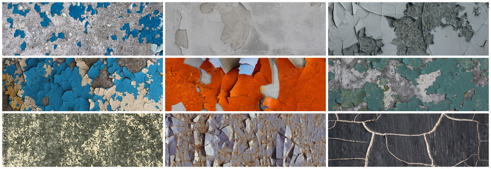 Set of peeling paint textures. Old concrete walls with cracked flaking ...