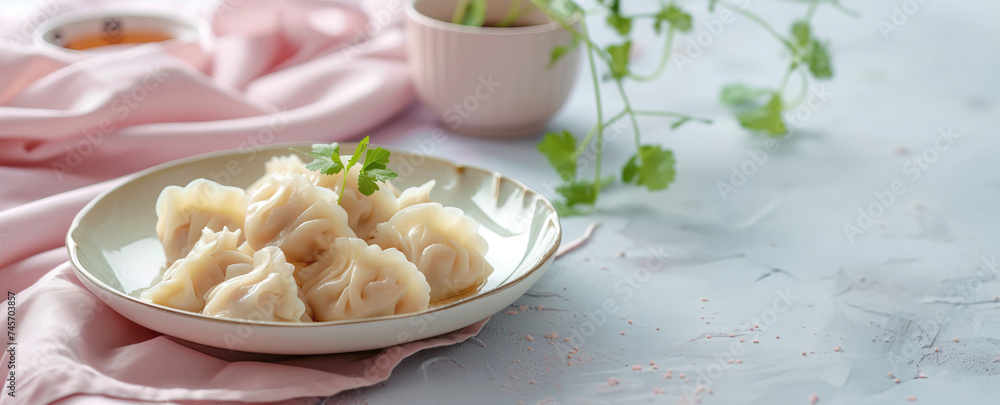 plate of fresh homemade dumplings gyoza pierogi fried steamed with ...