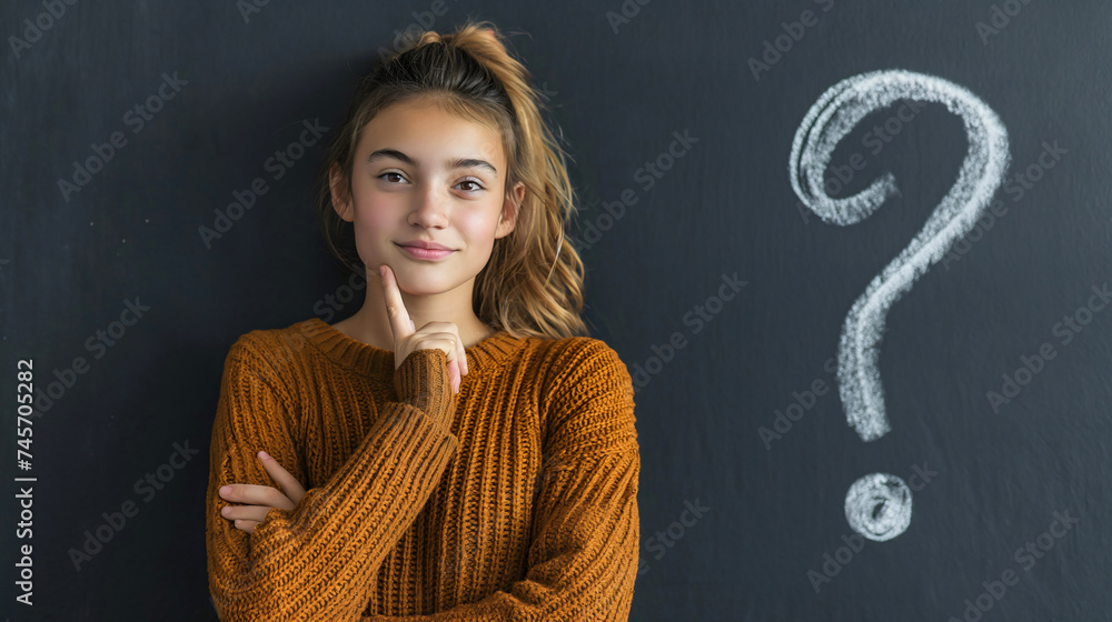 A beautiful young teenage girl with curious and thoughtful face ...