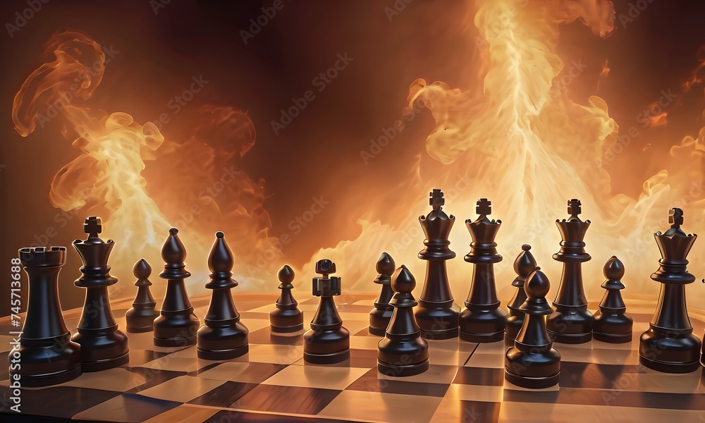 A chessboard scene dramatically illuminated by a lightning strike, with ...