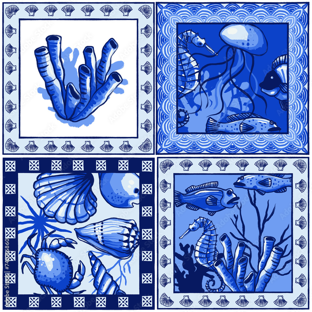Collection of Delft Blue Tiles Showcasing Marine Life and Plants, Hand ...