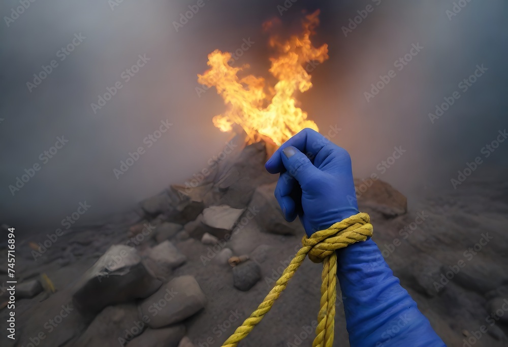 Bound hands painted blue are shown in a posture of surrender against a ...