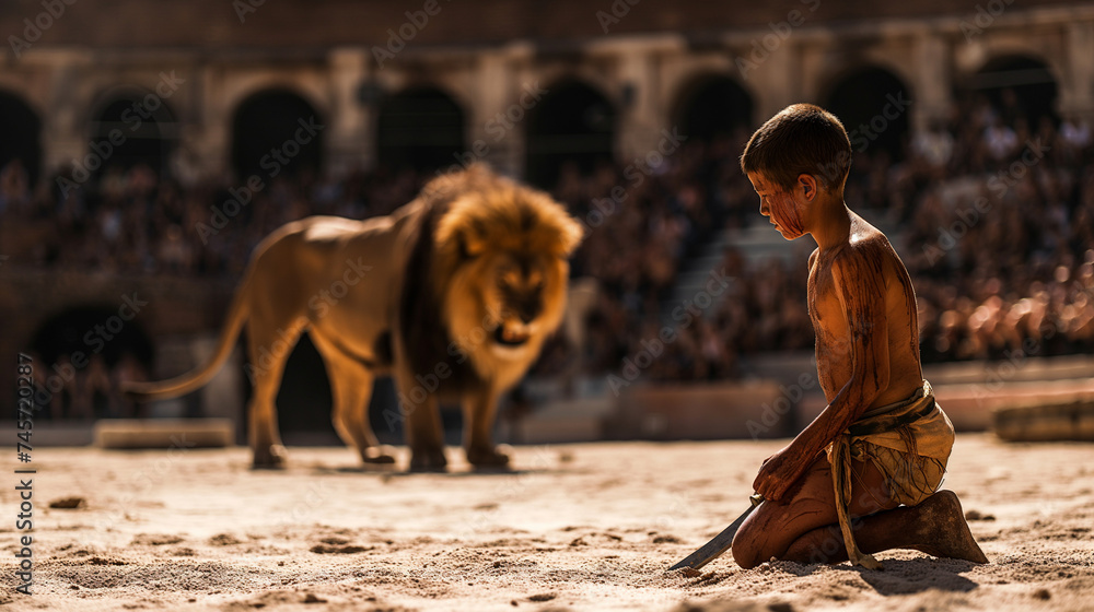 A boy gladiator faces a lion in the colosseum arena in ancient RomeBut ...