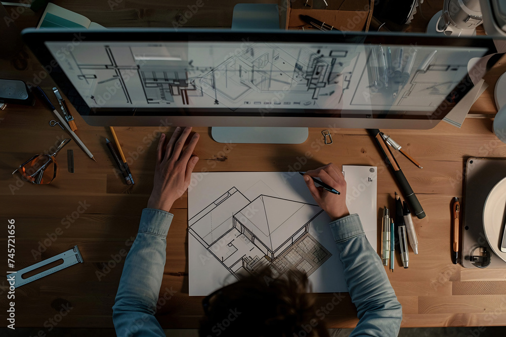 engineer drawing a blueprint, drawing blueprint, close up of a person ...