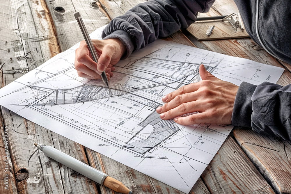 engineer drawing a blueprint, drawing blueprint, close up of a person ...